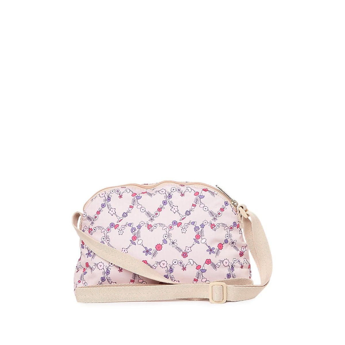 LeSportsac Heart Half Moon Crossbody Bag, Style 3468/Color F705, Pink, Purple & White Flowers Artfully Arranged in Romantic Heart Designs, Pale Pink Bag, Soft Iridescent Sheen, Petite Crossbody