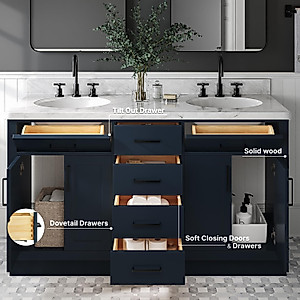 ARIEL Double Vanity 61" Midnight Blue with 1.5" Edge Italian Carrara Marble Countertop & Splash, Oval Sinks, 4 Soft Closing Doors, 6 Full Extension Dovetail Drawers, Toe Kick, Matte Black