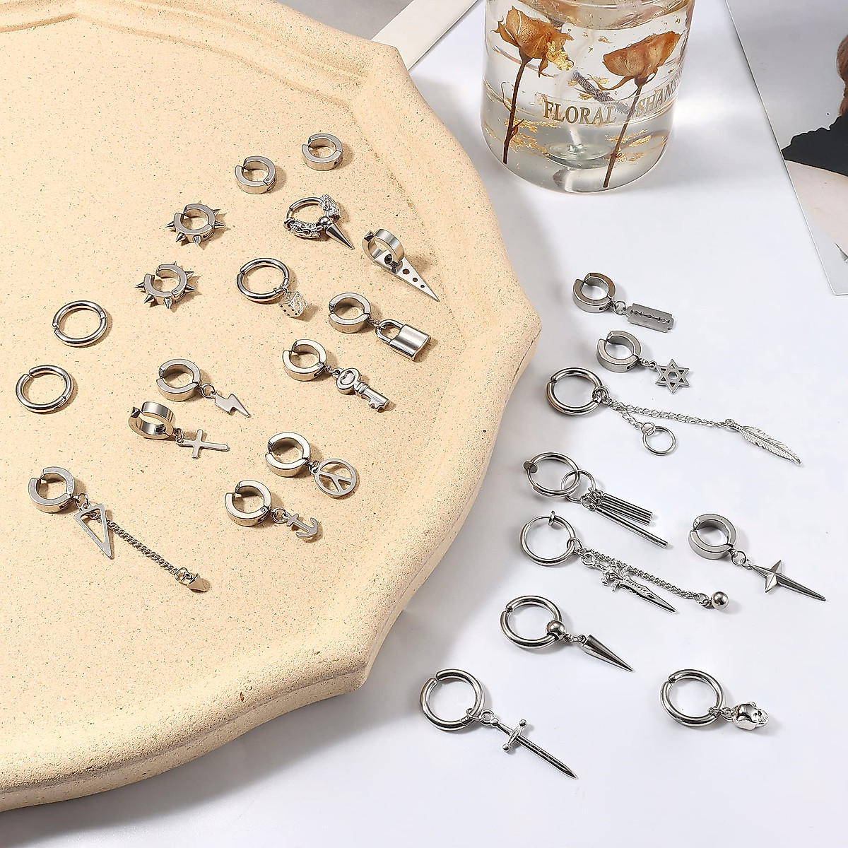 Thunaraz 25 Pcs Clip on Earrings for Men Stainless Steel Cross Chain Dangle Earrings Black Fake Earrings for Men Women Non Pierced Huggie Hoop Earrings Set