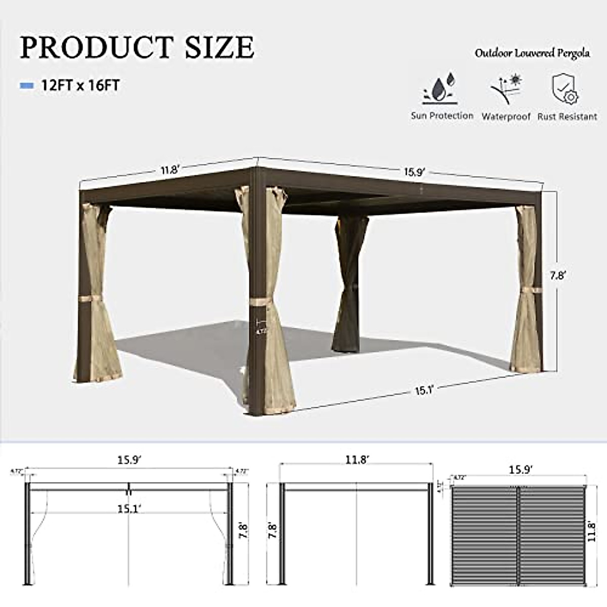 Domi Outdoor Living 12’ x 16’ Louvered Pergola with Adjustable Steel Roof, Outdoor Aluminum Frame Rainproof Pergola for Backyard, Garden and Lawn w/Netting (Dark Brown)