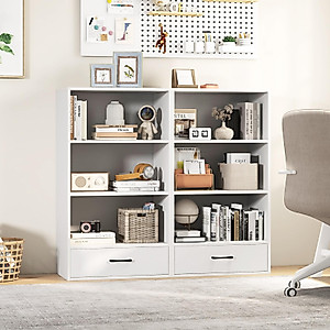 IFANNY 3 Shelf Bookcase with Drawer, Wood Bookshelves and Bookcases, Cube Bookcase Shelf, Small Bookshelf with Storage for Small Spaces, White Book Shelf for Bedroom, Living Room, Home Office