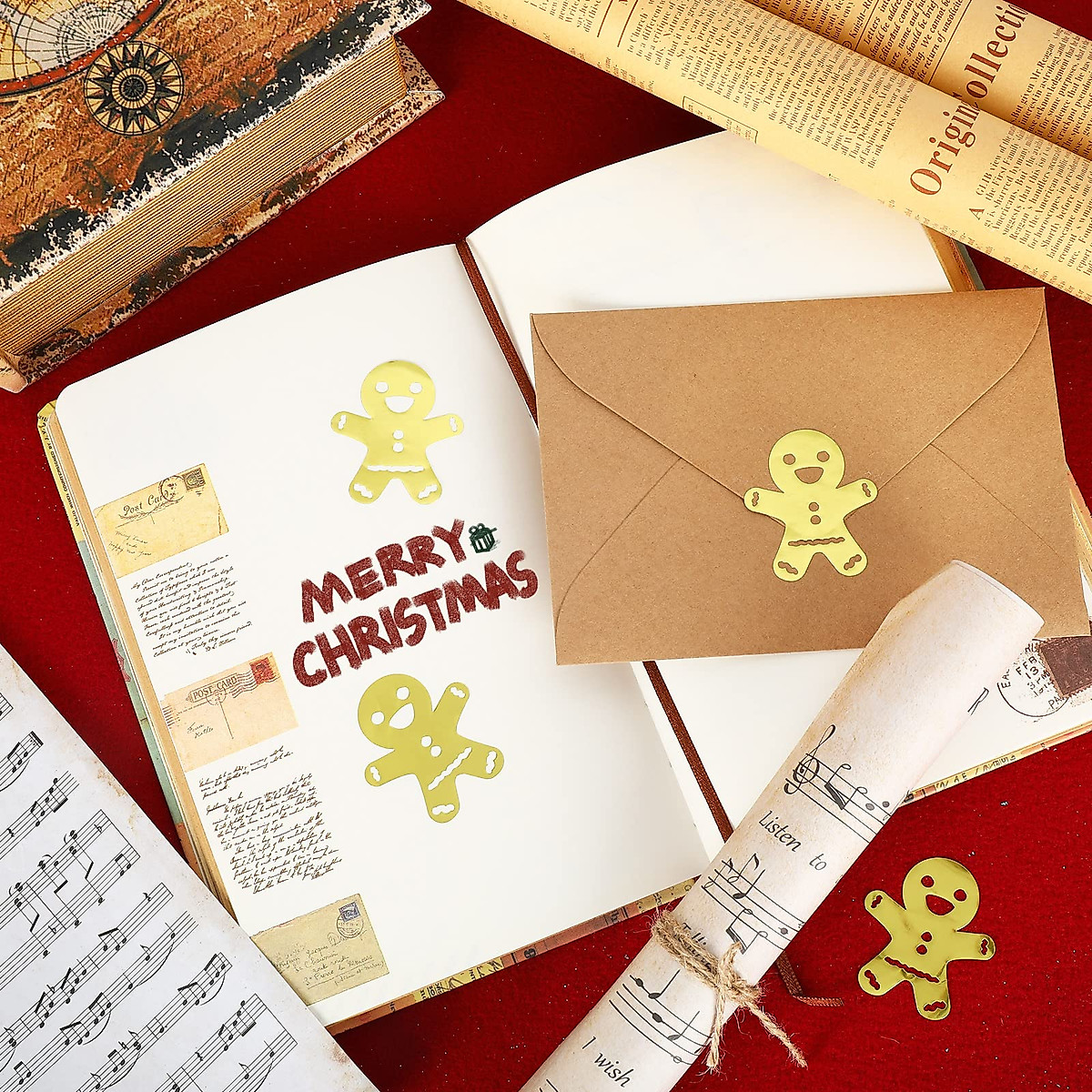 Whaline 500Pcs Christmas Foil Gold Stickers Gingerbread Man Self-Adhesive Large Stickers Christmas Gold Envelope Sealing Stickers for Xmas Party Gift Bag Wedding Invitations Greeting Cards Craft