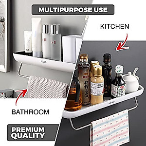 Floating Bathroom Organizer - Wall Mounted Shower Caddy Shelf - With Towel Rail - Extra Strong Self Adhesive - No Drilling - Easy Drainage - Rustproof. (White/Black)