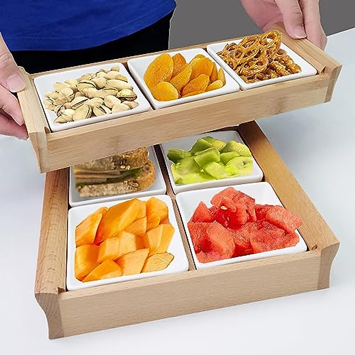 Jinsongdafa Wood Pallet Porcelain Divided Serving Dishes, Appetizer， Relish Tray, Serving Bowls for Parties - Perfect for Chips and Dip, Veggies, Candy and Snacks | Reusable (4 Cells Platters)