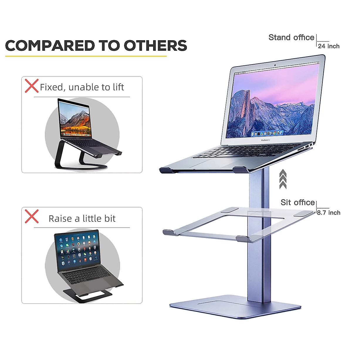 Adjustable Laptop Stand for Desk, DJ Laptop Stand Adjustable Height, Laptop Raised Stand for Standing & Sitting Mode, Laptop Riser Stand of Elevated Stand, Tall, Strong and Airflow Even for 17 inch