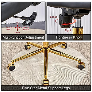 voqoomkl PU Home Office Chair, 360° Swivel Desk Chair with 5 Wheels and Gold Metal Base, Adjustable Height Armless Computer Chair for Living Room Bedroom Study, Black