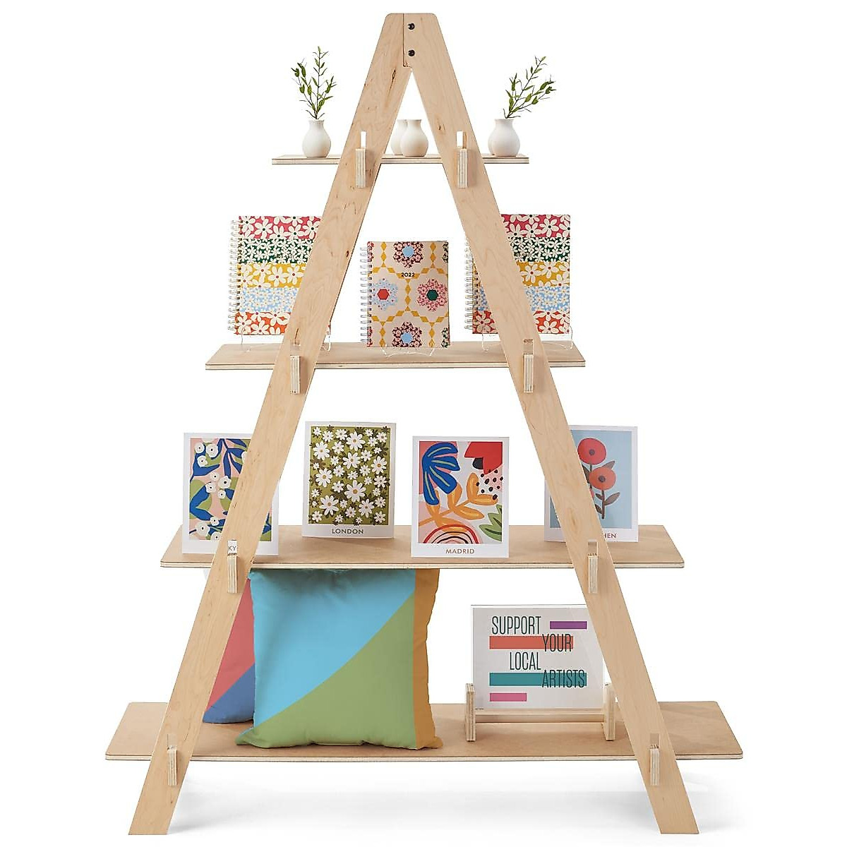 Displays2go Dandelion A-Frame Ladder Shelf Fixture, Eco-Friendly Plywood Material, Knockdown Design - Natural (DBAFSH1)