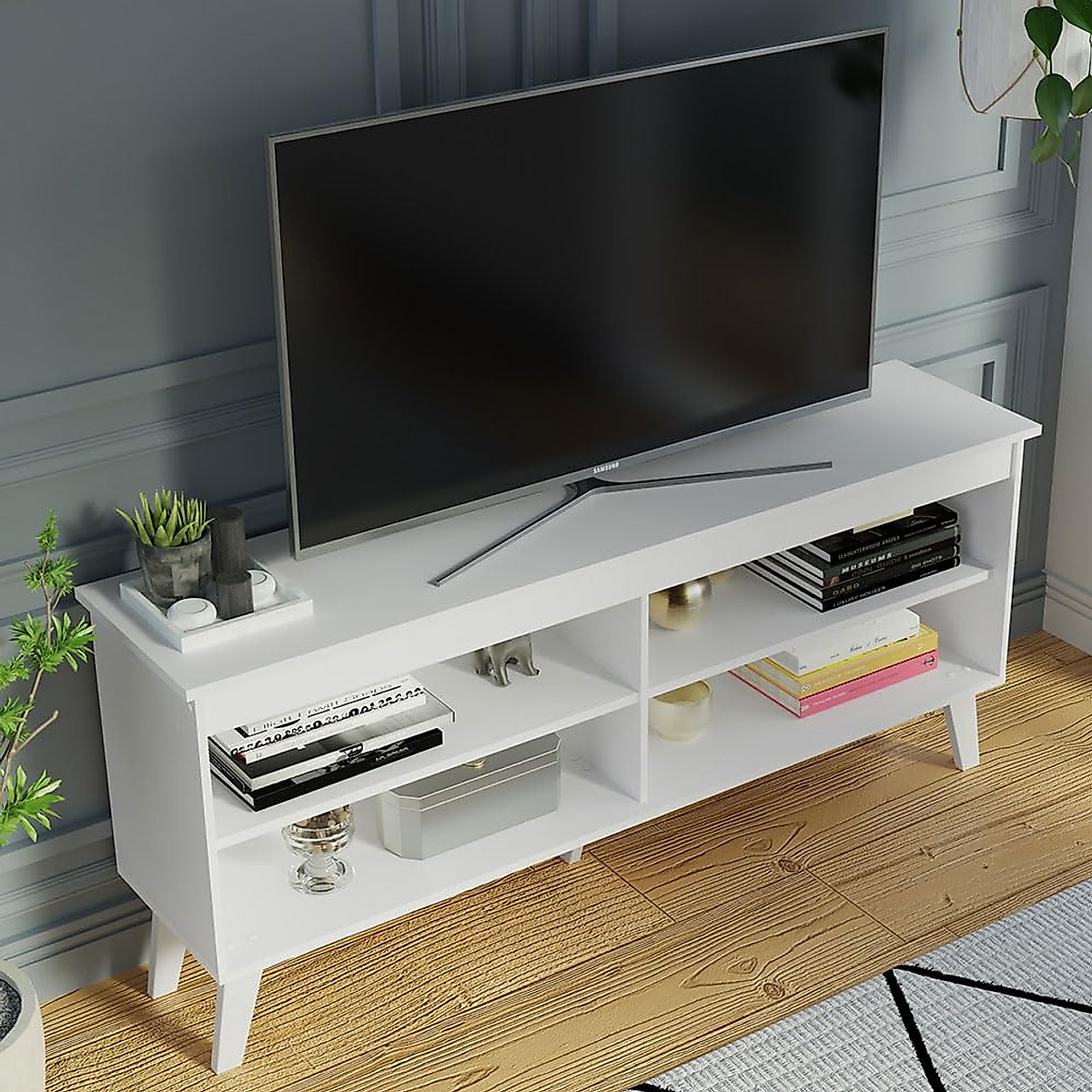 Madesa Compact TV Stand Cabinet with 4 Shelves and Cable Management for 50, 55 Inch TV Media Storage Unit Living Room and Bedroom Modern Wooden Television Media Console - White