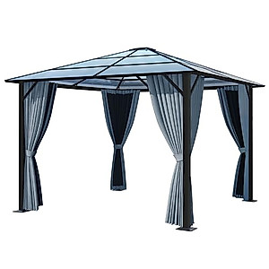 Funny Sunny10'x10' Hardtop Gazebo, Outdoor Gazebo with Translucent Roof, Polycarbonate Top Steel Frame Garden Tent with Breathable Mesh and Privacy Curtains for Patio Lawn Garden Backyard, Gray