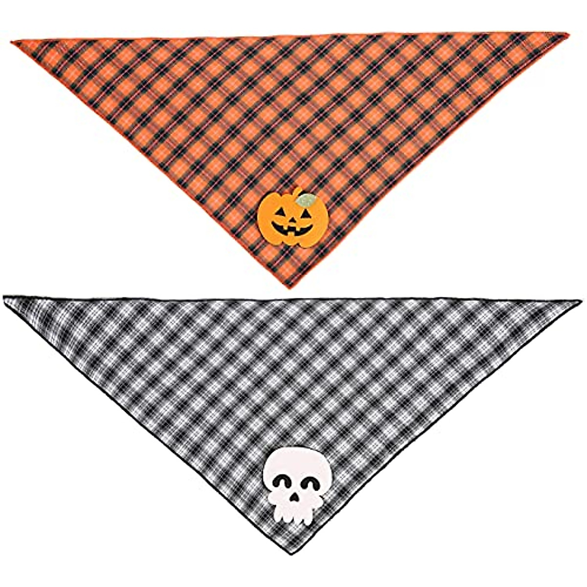 Dog Halloween Bandana 2Pack, Plaid Triangle Scarf with Designer Appliques for Dogs