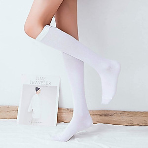 Senker Women's 4 Pairs Cotton Knee High Casual Solid Knit Socks, C White & Black, Large