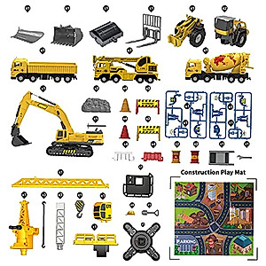 DOLIVE Construction Site Vehicles Toy with Mat, Crane Toy Tractor, Tower Crane Truck, Dump Trucks, Excavator, Cement Mixer Trucks, Kids Engineering Playset for 3+ Year Olds Boys Girls
