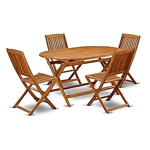 East West Furniture DICM5CWNA Diboll 5 Piece Patio Bistro Dining Furniture Set Includes an Oval Outdoor Acacia Wood Table and 4 Folding Side Chairs, 36x60 Inch, Natural Oil