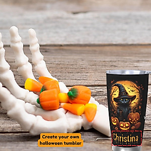 LoGiftFor Personalized Halloween Black-Cat Tumbler - Witch Pumpkin Halloween Gifts For Women Men - Spooky Season Cat Gift For Cat Lovers - Custom Halloween Tumblers Coffee Cup 20oz Lid