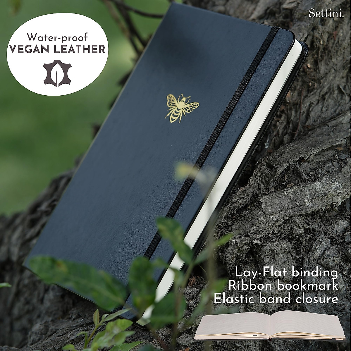SETTINI Journals for Writing - Gift for Women and Men - Hardcover Notebook - Cute Journal - Lined Journal - Writing Journal -Faux Leather, Elastic Closure, Bookmark, Inner Pocket. Lay Flat (Black Bee)