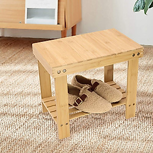KKTONER Bamboo Step Stool with Storage Shower Bench with Shelf Foot Stool for Bathroom Living Room Bedroom Natural Color