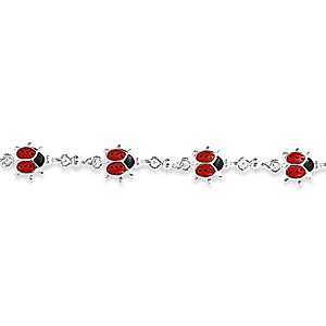 Good Luck Garden Lucky Multi Station Charms Enamel Red Ladybugs Charm Bracelet For Women Teen .925 Sterling Silver 7 Inch