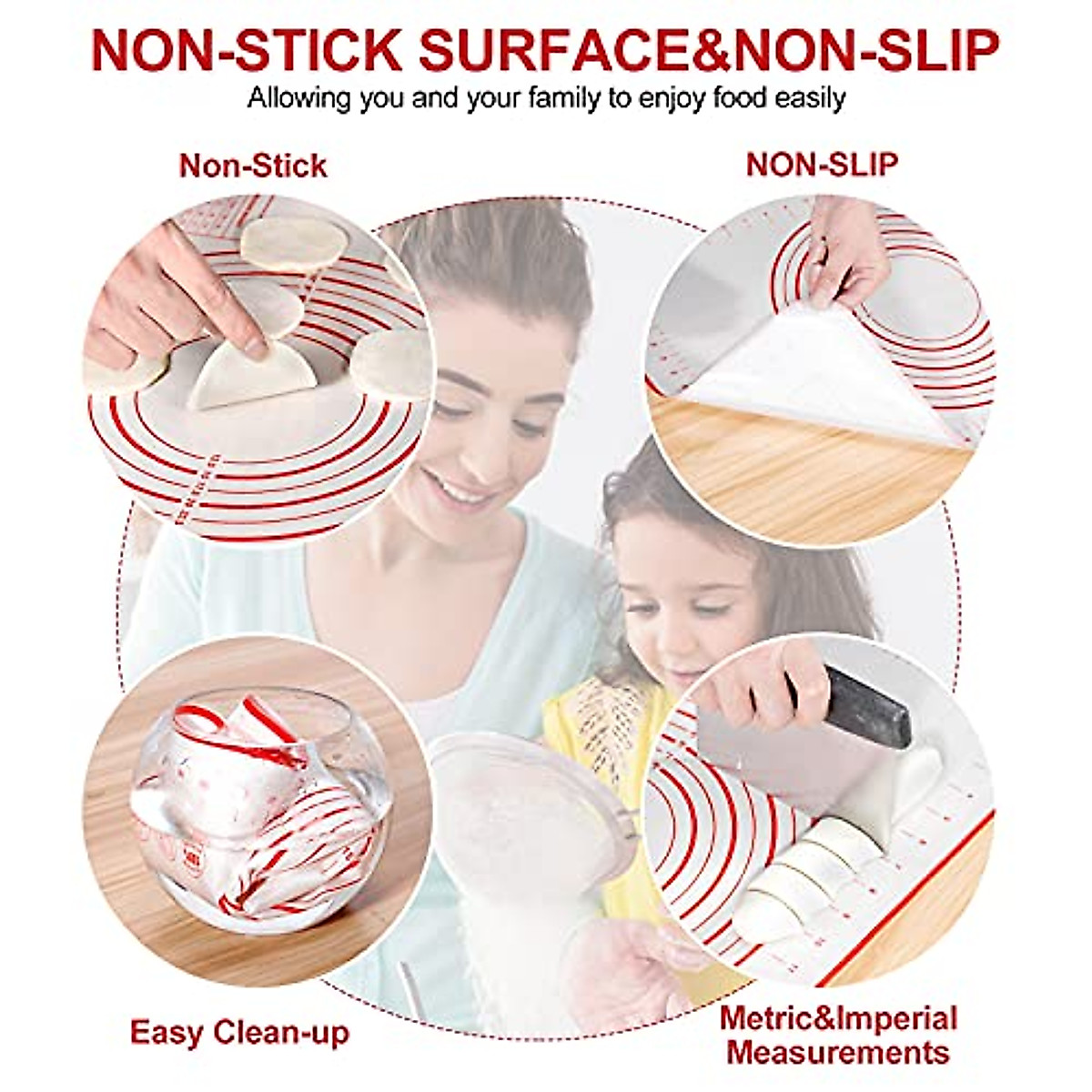 Rolling-Pin-Silicone-Baking-Mats-Set, Nonstick Dough Rolling Pastry Mat for Cookie Macaroon Pie Crust Pizza, Heat-resistant Silicone Baking Sheets for Oven, Silicon Macaroons Baking Mats