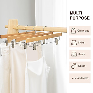 BAGAIL Wooden Pants Hangers with Adjustable Clips, 360°Swivel Hook Space Saving Skirt Holders with Anti-Rust Clips for Trousers, Jeans, Shorts (20Pack Natural)