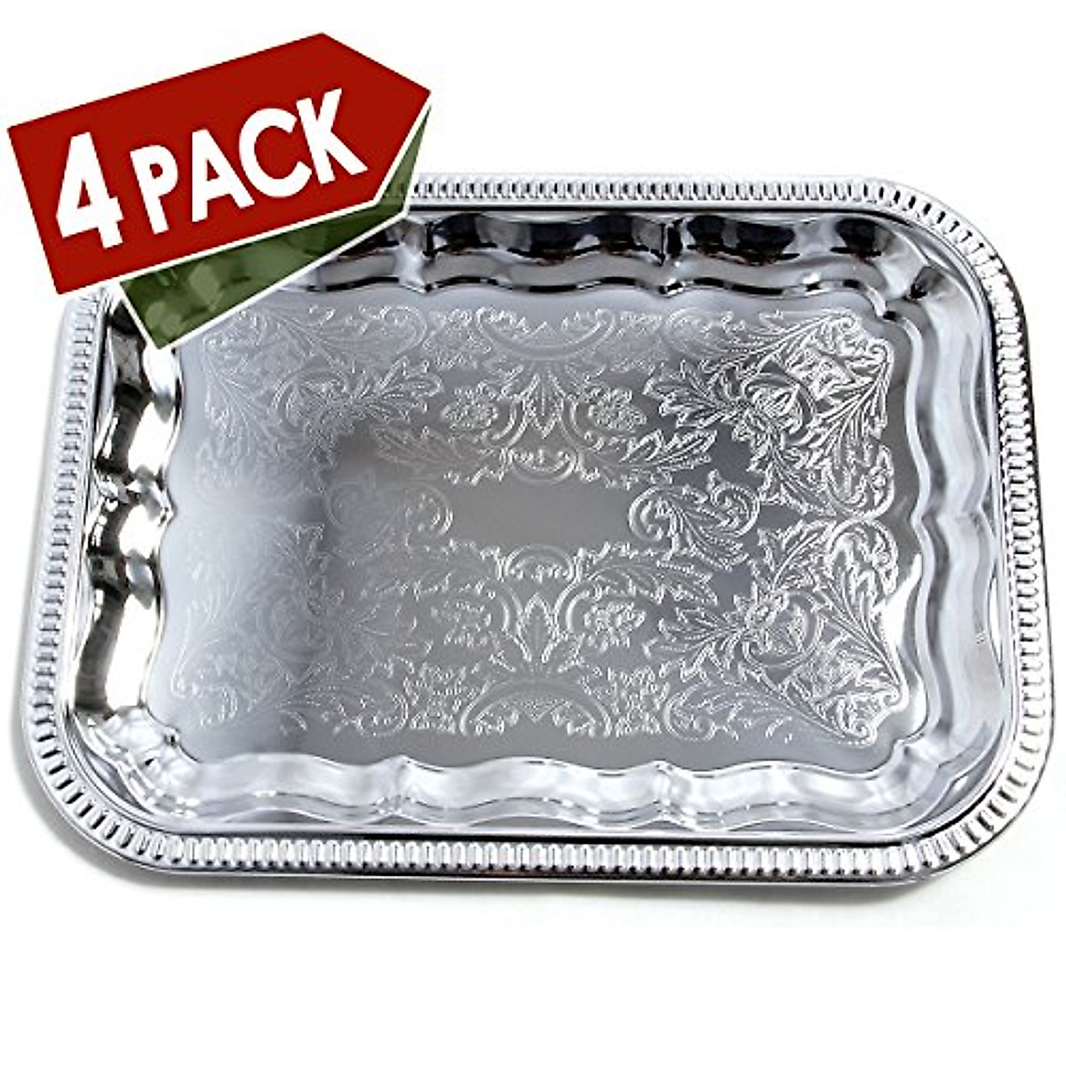 Maro Megastore (Pack of 4) 13.4-Inch x 10-Inch Oblong Rectangular Trim Victoria Flower Engraved Chrome Plated Serving Plate Mirror Tray Platter Tableware Candle Deco Art Holiday Party(Small) T227s-4pk