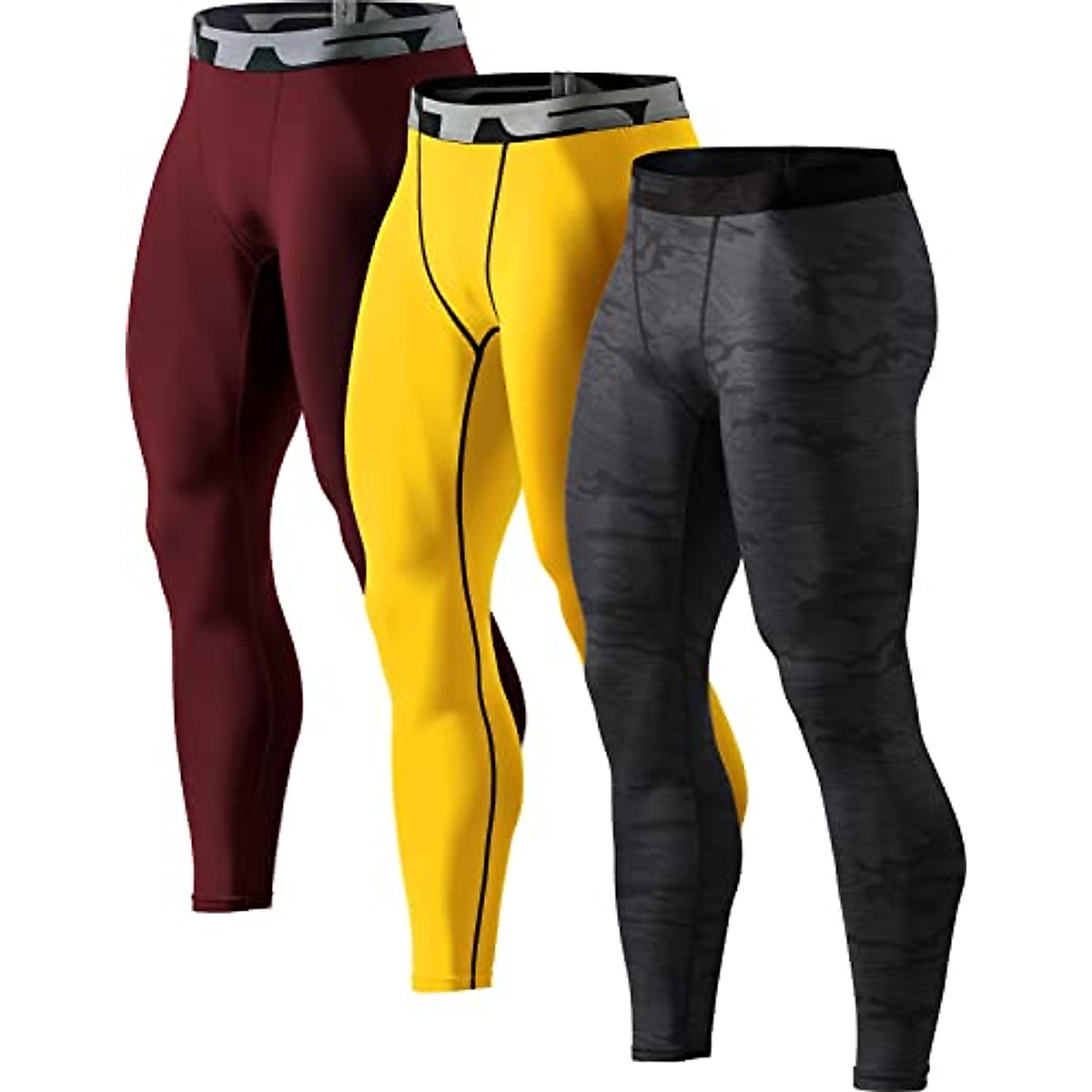 TSLA Men's Compression Pants, Cool Dry Athletic Workout Running Tights Leggings with Pocket/Non-Pocket, 3pack Cool Dry Pants Camo Black/Yellow/Brick, XX-Large