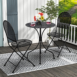 Tangkula 3 Pieces Patio Bistro Set, Metal Table and Folding Chair Set for 2, Outdoor Garden Furniture Set with Round Table & 2 Folding Chairs, Indoor Outdoor Bistro Set for Garden, Yard, Porch