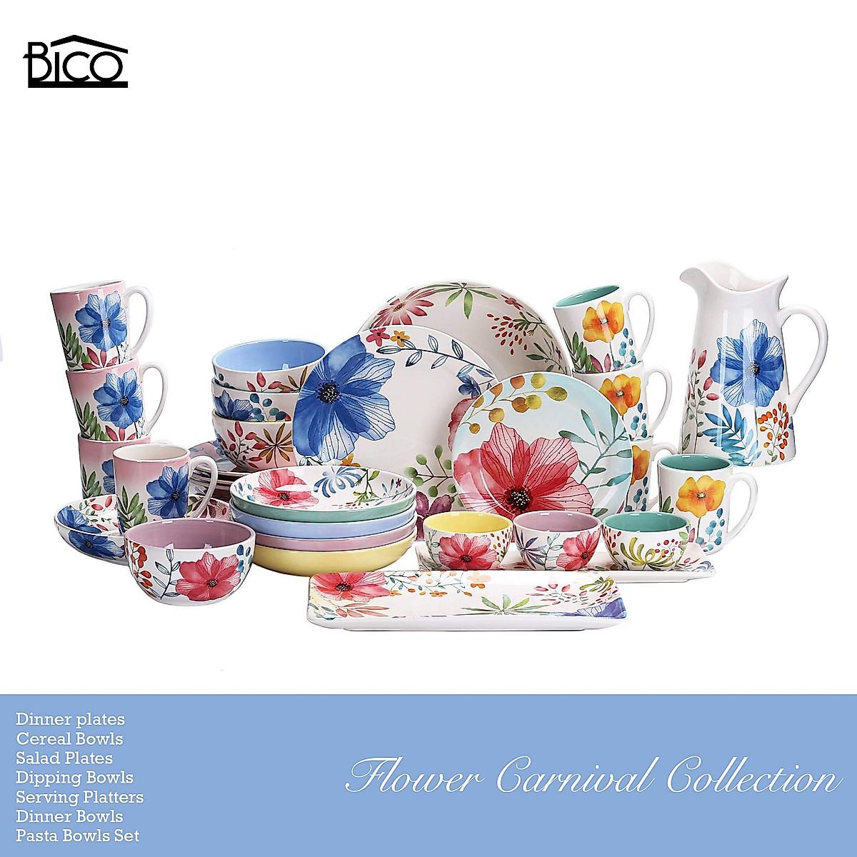 Bico Flower Carnival Ceramic Bowls Set of 4, 26oz, for Pasta, Salad, Cereal, Soup & Microwave & Dishwasher Safe