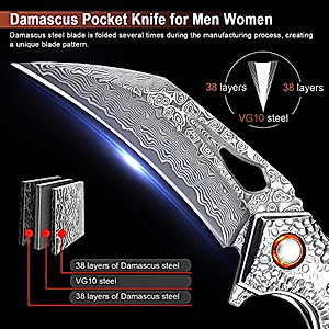 KOMWERO Damascus Pocket Knife for Men, VG10 Core Damascus Steel Folding Knife with Ball Bearing, Liner Lock, Abalone Shells Handle, Leather Sheath, Sharp EDC Knife for Gift Collection
