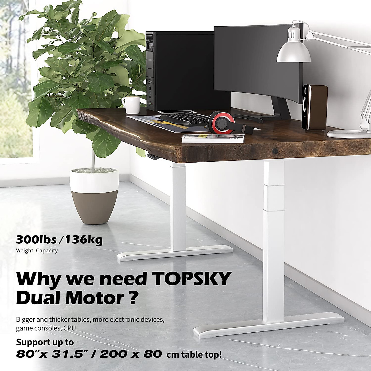 TOPSKY Dual Motor 3 Stage Electric Adjustable Standing Desk Frame Heavy Duty 300lb Load Capacity for Home Office (White Frame Only)