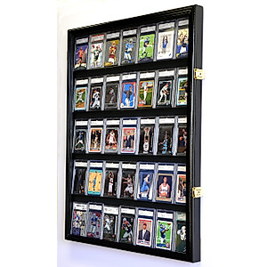 35 Graded Sport Cards / Collectible Card Display Case Wall Cabinet w/98% UV Door, Lockable, Black
