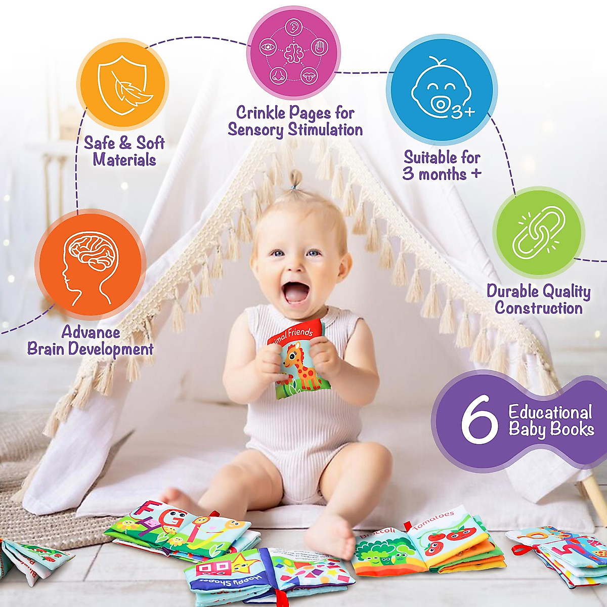 Cloth Books for Babies (Set of 6) - Premium Quality Soft Books for Babies. Touch and Feel Crinkle Paper. Cloth Books for Early Children's Development.
