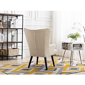 Dolonm Modern Accent Chair Tufted Button Wingback Reading Chair with Arms Upholstered Tall Back Teddy Fleece Fabric Chair with Solid Wood Legs for Living Room Bedroom Waiting Room (White)