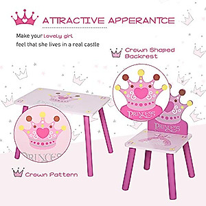 Qaba 3-Piece Kids Wooden Table and Chair Set with Crown Pattern Gift for Girls Toddlers Arts Reading Writing Age 2-4 Years Pink
