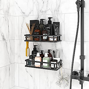 ICEETING Adhesive Shower Caddy, Shower Shelves with Hooks, Shower Organizer, Bathroom Storage Organizer Shelves, Space Saver (Black)