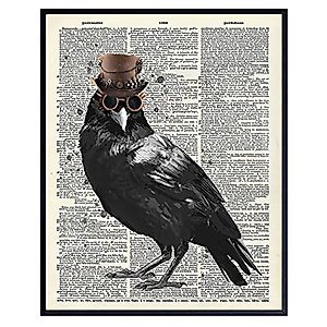 Steampunk Edgar Allan Poe The Raven Wall Art - Gothic Home Decor - Goth Room Decor - Renaissance Hipster Dictionary Art Accessories for Bedroom, Living Room - Hipster Gift for Men, Women