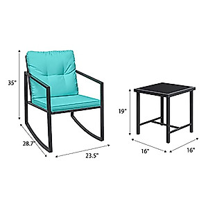 Greesum 3 Pieces Rocking Wicker Bistro Set, Patio Outdoor Furniture Conversation Sets with Porch Chairs and Glass Coffee Table, Blue