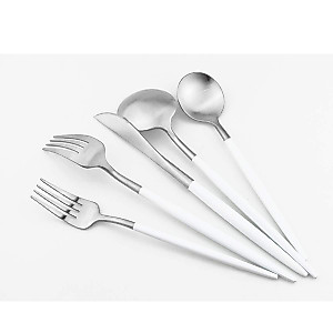 Gugrida White Silver Flatware, Royal 5-Piece Matte White Handle 18/10 Stainless Steel Tableware Sets for 1 Including Forks Spoons Knives, Camping Silverware Travel Utensils Set Cutlery (White Silver)