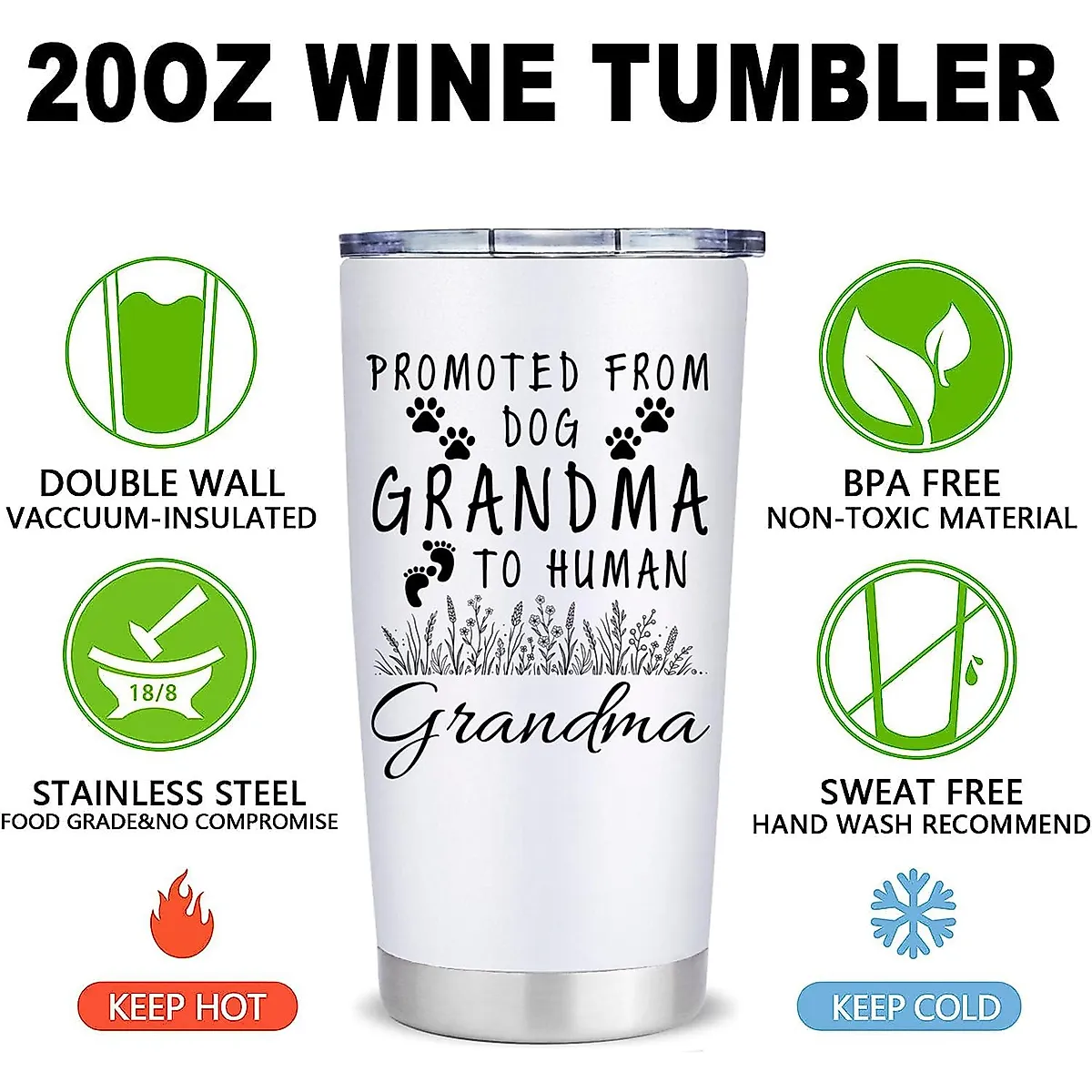 MTSDECO Promoted from Dog Grandma to Human Grandma Tumblers & Water Glasses 20 oz Insulated Stainless Steel Travel Coffee Mug Tumbler for Hot & Cold Beverages Birthday Christmas Gifts