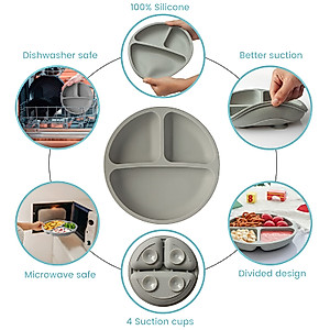 Silikong Suction Plate for Toddlers | BPA Free, 100% Food-Grade Silicone | Microwave, Dishwasher and Oven Safe | Stay Put Divided Baby Feeding Plates (3, Pink/Purple/Grey)