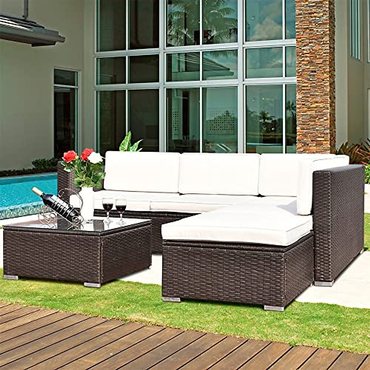 LIRUXUN 4 PCS Outdoor Patio Rattan Wicker Furniture Set Cushioned Yard Garden Coffee Table Loveseat