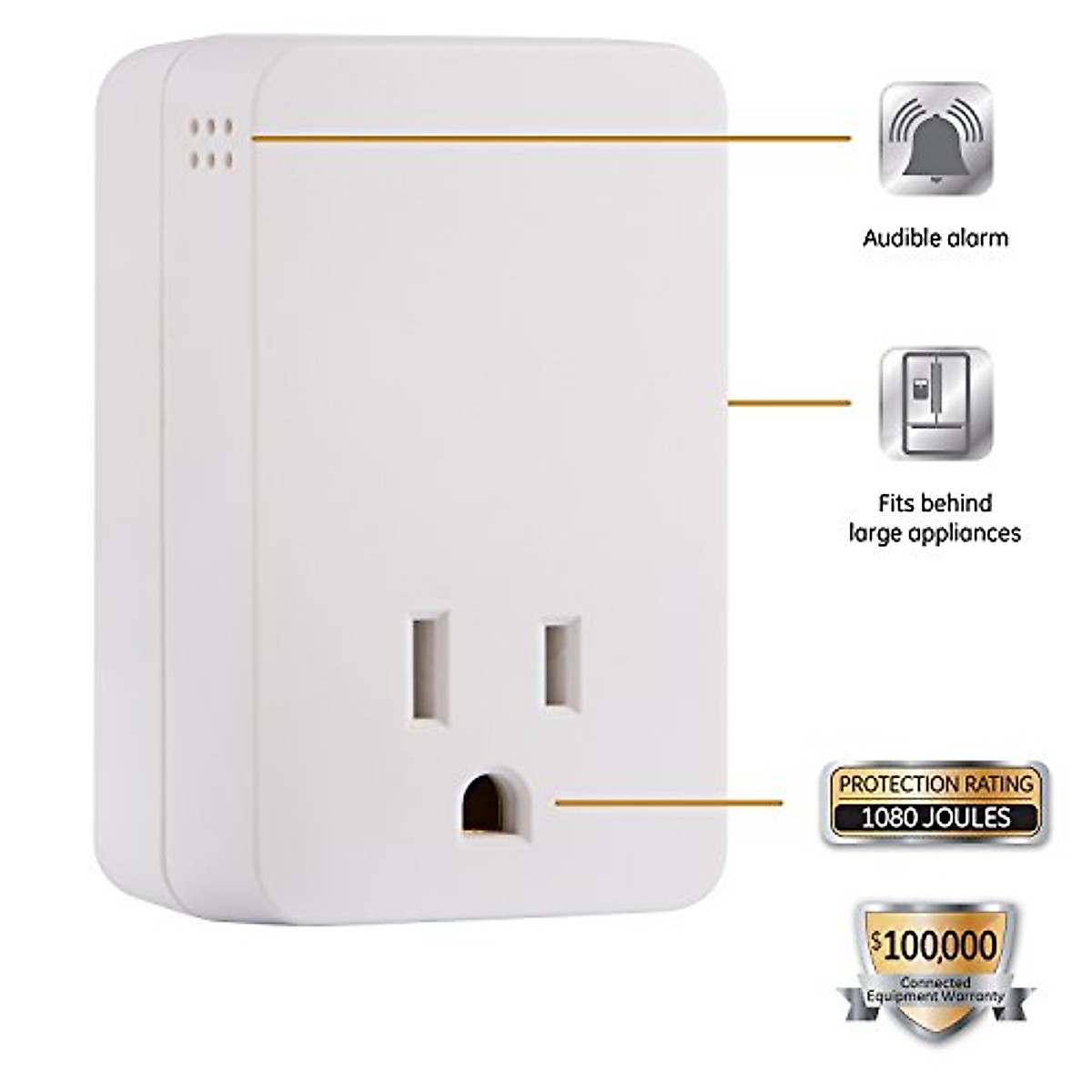 GE UltraPro Surge Protector with Audible Alarm, 2 Pack, Outlet Extender, Fits Behind Hard-to-Reach Areas, End of Service Alarm, 1080 Joules, Warranty, UL Listed, White, 53868