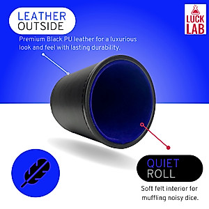 Luck Lab Black Leather Dice Cup with Lid Including 6 Matching Pearl Dice - Blue Velvet Interior for Quiet Shaking - Use for Liars Dice Farkle Yahtzee Board Games, Black