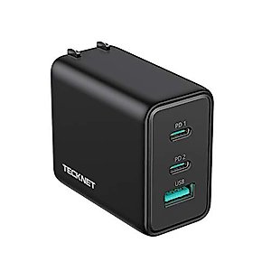 USB C Charger TECKNET 65W PD 3.0 GaN Charger Type C Foldable Adapter with 3-Port Fast Wall Charger Compatible for iPhone 14 Pro Max/14 Plus/13, MacBook Pro, iPad Pro, Switch, Galaxy S22/S21