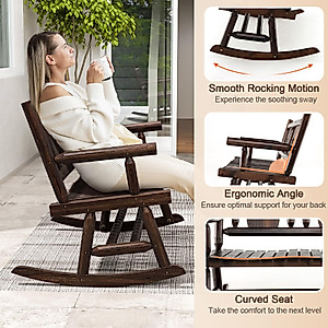 HAPPYGRILL Outdoor Wood Rocking Bench Carbonized Double Rocking Chair for 2 Persons with Wide Curved Seat, Porch Rocker for Porch, Garden, Backyard, 710LBS Capacity, Rustic Brown