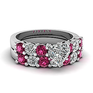 JewelryGift Basket Prong Diamond Wedding Set sterling silver Created Pink Sapphire Heart shape Pink color Wedding Ring Sets prong Setting in Size 11 Party Wear Daily Wear Ornament