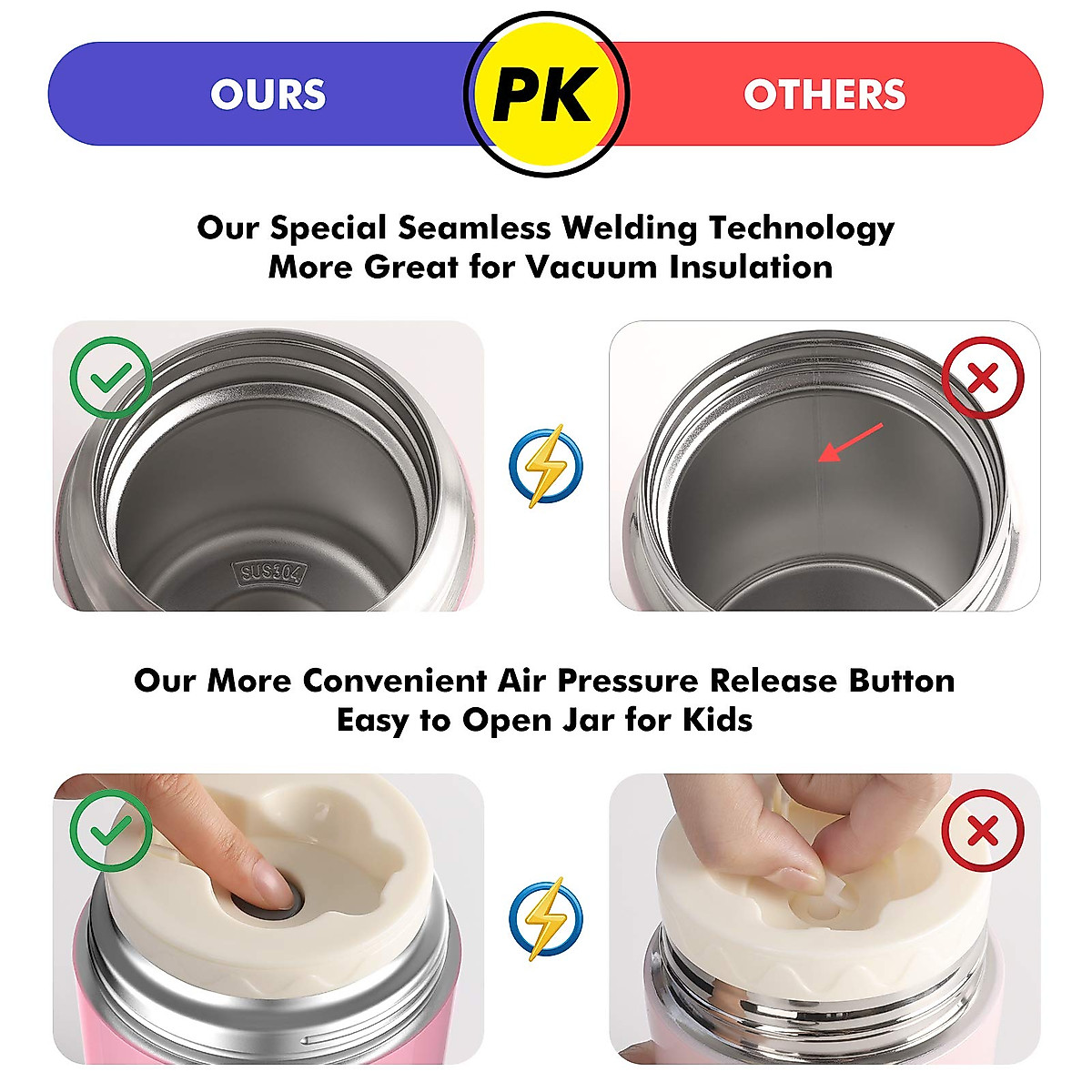 DaCool Food Thermos for Kids With Handle 16 Ounce Insulated Lunch Containers Leakproof Thermos for Food Lunch Soup Vacuum Stainless Steel With Folding Spoon Lunch Box for Kids School Outdoors Pink