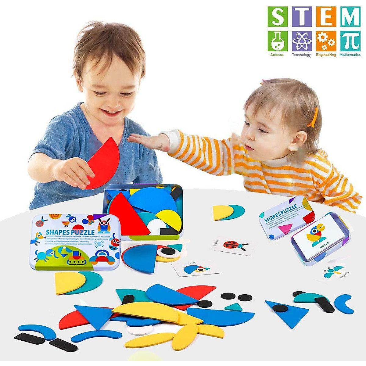 Shape Puzzle - Animals Jigsaw Puzzle Sorting and Stacking Games Montessori Educational STEM Toys for Toddlers Kids Boys Girls Age Over 3 Years Old (36 Shape Pieces & 60 Design Cards)