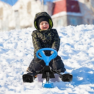 Costzon Snow Racer Sled, Ski Sled with Steering Wheel & Twin Brakes, Durable Steel Frame, Great Weight Capacity of 220 LBS, Classic Downhill Steerable Sled for Kids Teenagers Adult (Blue)