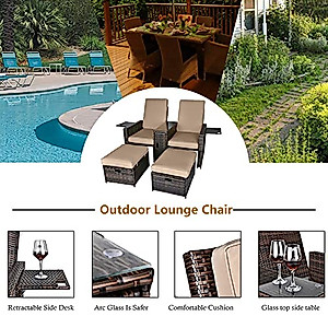 VUYUYU 5PCS Outdoor Wicker Chaise Lounge Chair - Rattan Adjustable Reclining Patio Lounge Chair with Ottoman and Coffee Table, for Patio Beach Pool Backyard (Brown Wicker Khaki Cushion)