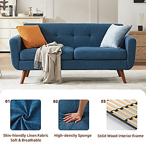 Tbfit 65" W Loveseat Sofa, Mid Century Modern Decor Love Seat Sofas and Couches for Living Room, Button Tufted Upholstered Small Couch for Bedroom, Solid and Easy to Install Love Seats Furniture, Blue
